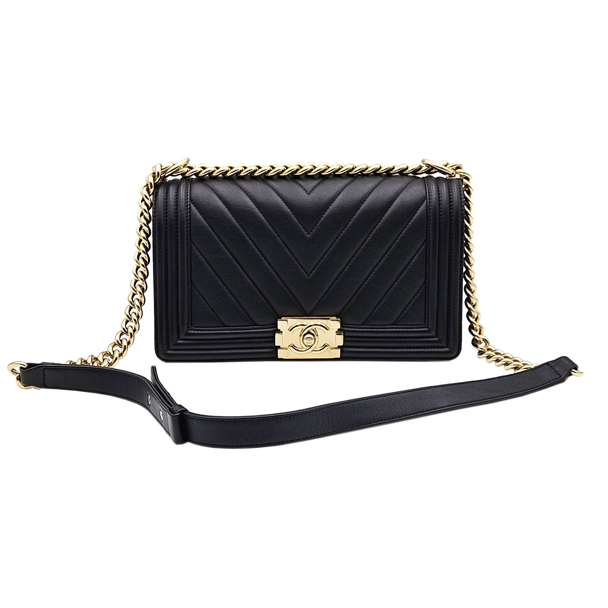 샤넬 Chanel A67086 블랙 카프스킨 금장 보이 샤넬 미듐 플랩 숄더백 (23번대) - 구구스 정품