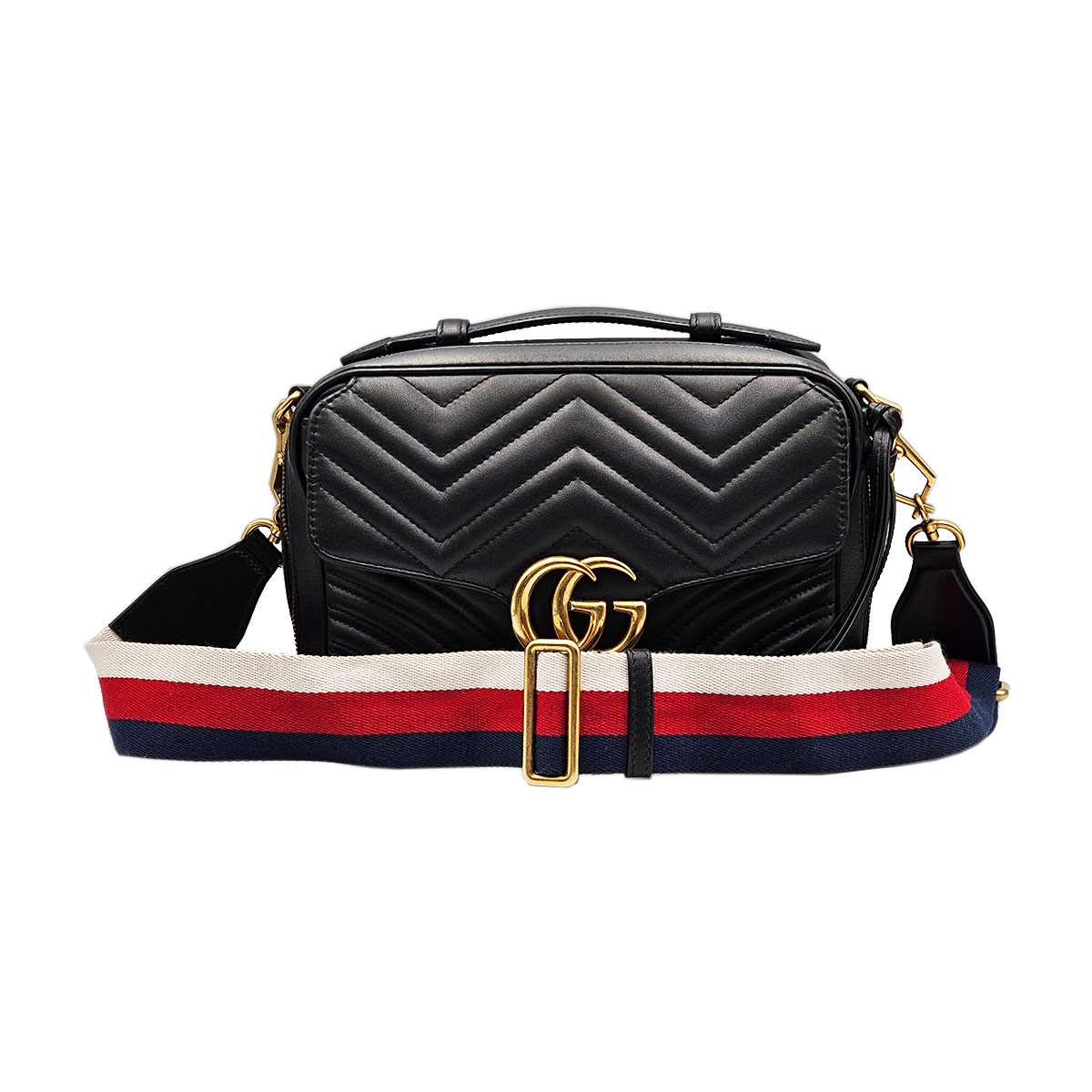 구찌 Gucci 498100 블랙 마틀라세 쉐브론 웹 스트랩 GG 마몬트 스몰 탑 핸들 2WAY - 구구스 정품